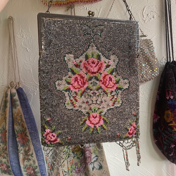 Antique | Bags | Vintageantique Victorian Beaded Floral Purse Silver ...